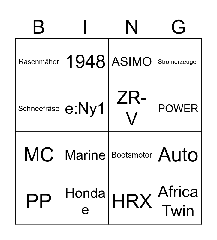 HONDA BINGO Card
