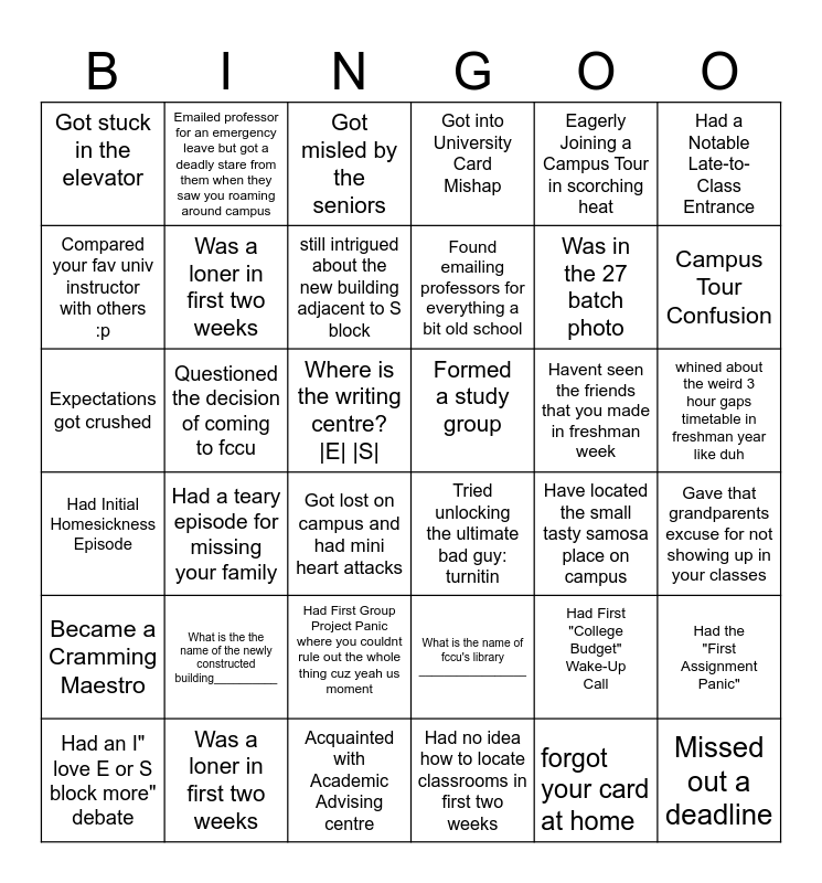 The ultimate FCCU starterpack. "Freshman Firsts" Bingo Card