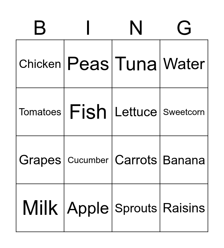 Healthy Eating Bingo Card