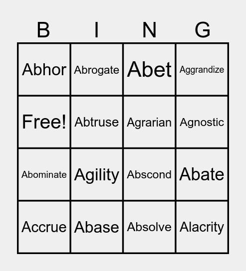 AP Lang Vocabulary Bingo Card