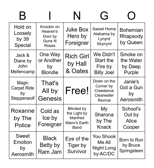 Classic Rock Music Bingo Card