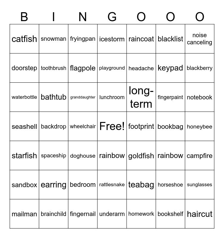 Compound Word Bingo Card