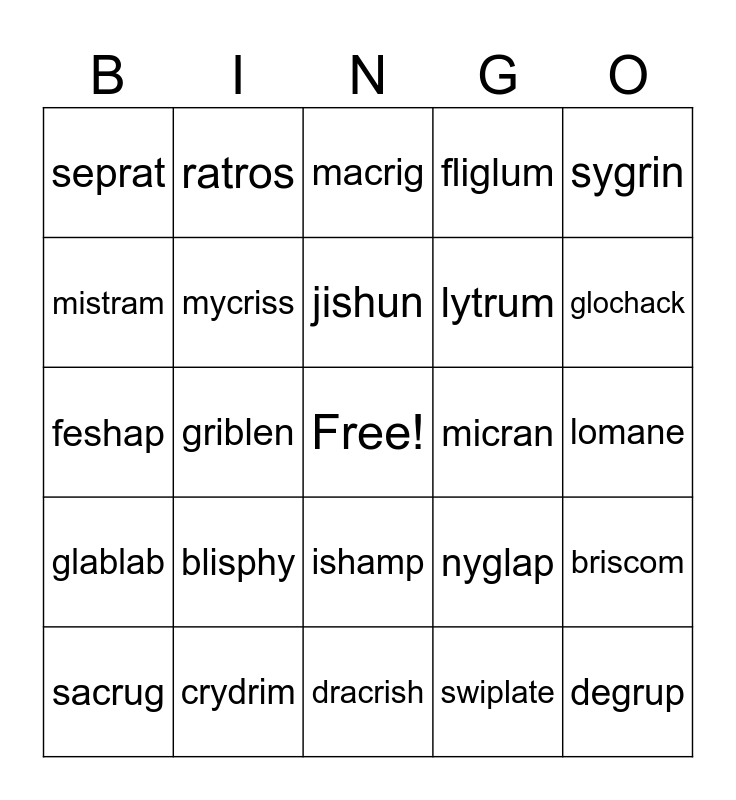 Nonsense Word Bingo Card