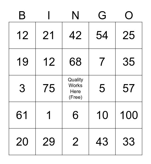QUALITY BINGO Card