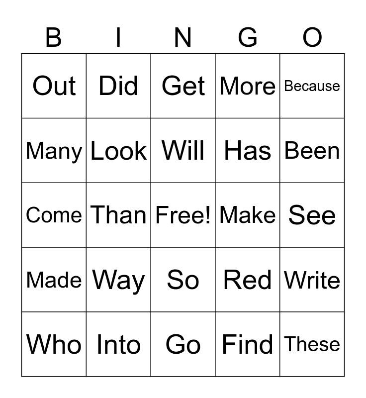 Site Word Bingo Card