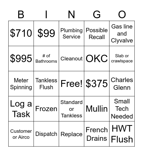 Plumbing Bingo Card