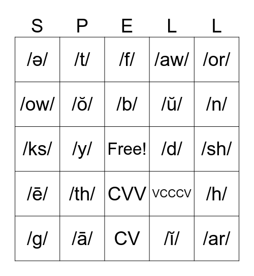 Spelling Bingo Card