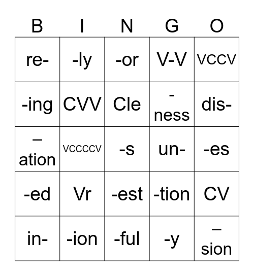 Syllables & Affixes Bingo Card