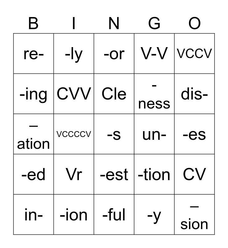 Syllables & Affixes Bingo Card