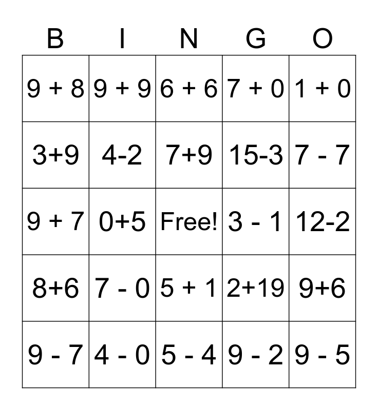 Math Addition and Subtraction Bingo Card