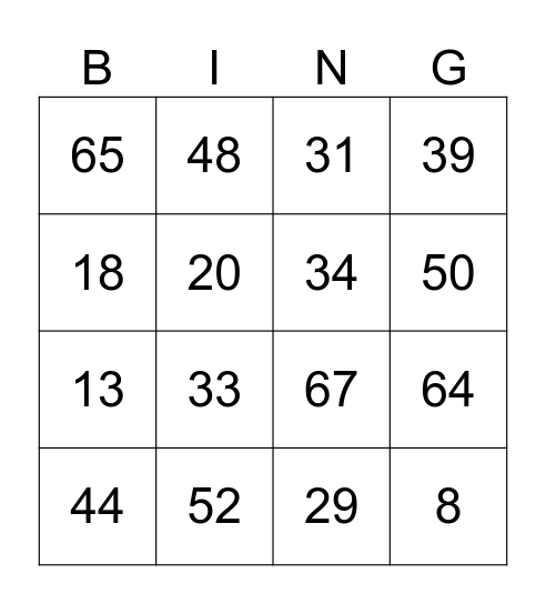 Number Bingo 1-31 Bingo Card