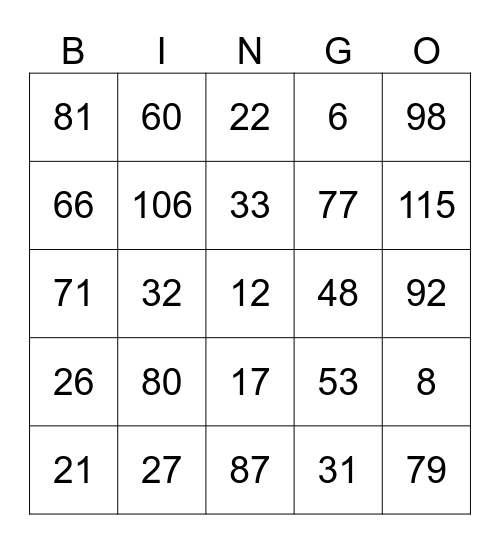 Numbers Bingo 0-120 Bingo Card
