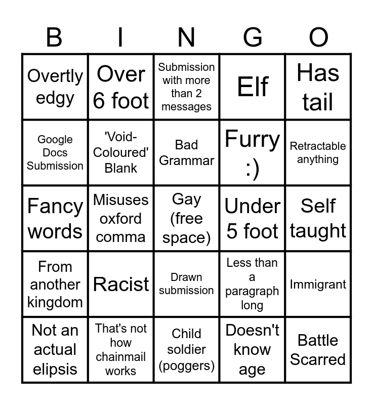 Character Creation Bingo Card