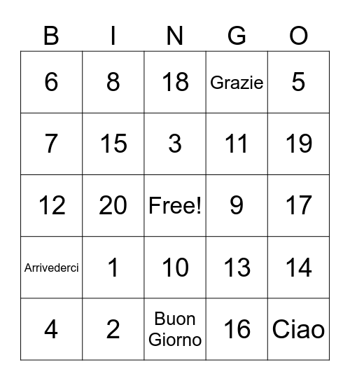 Italian Bingo (Tombola) 1-20 Bingo Card