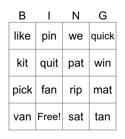 Kindergarten Words BINGO short a and i words Bingo Card