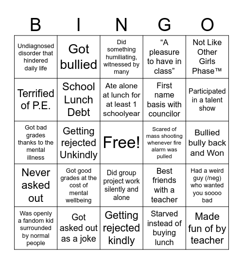 Teen Trauma(7th-12th Grade) Bingo Card