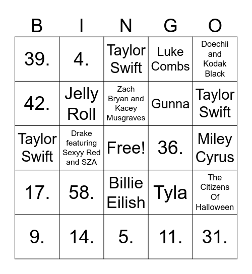 Musical Bingo Card