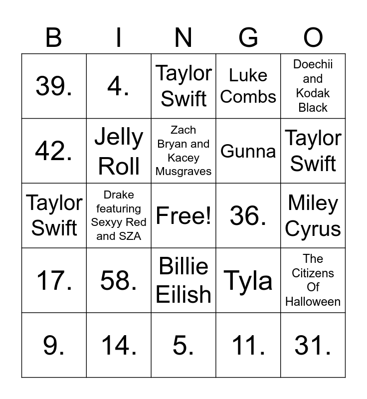 Musical Bingo Card