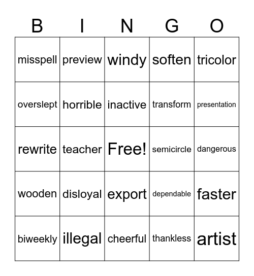 Prefix and Suffix Bingo Card