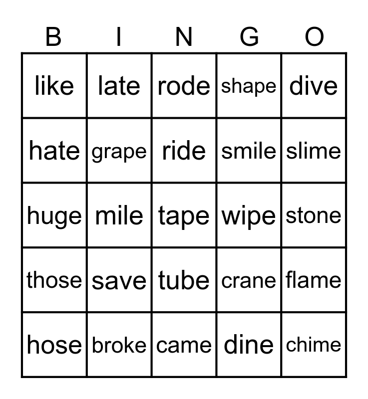Silent E Bingo Card