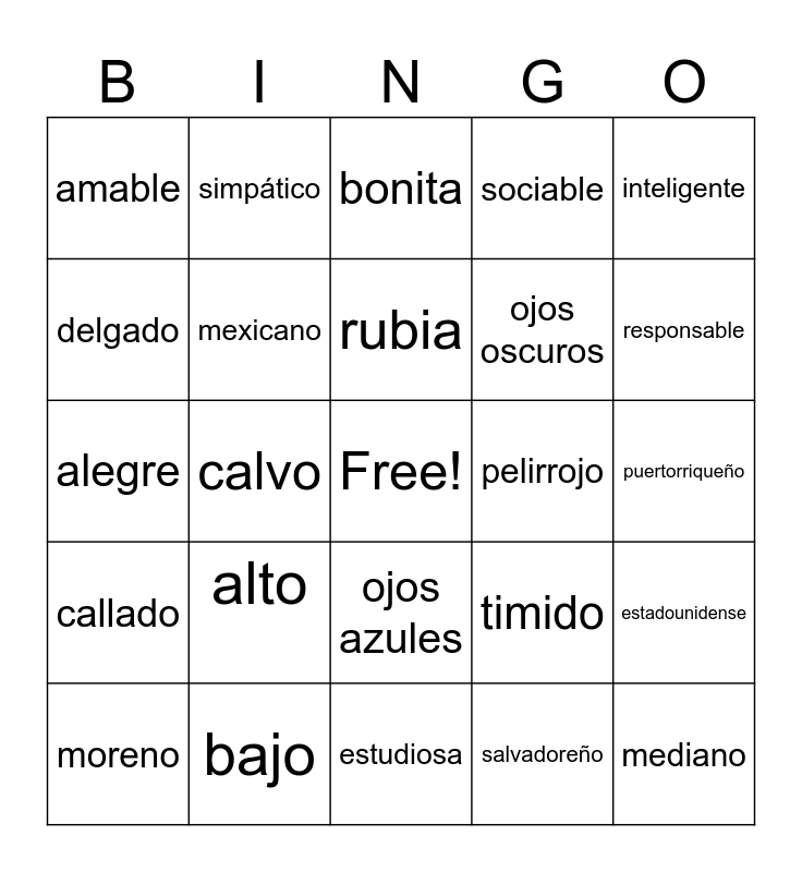 Los adjetivos Bingo Card