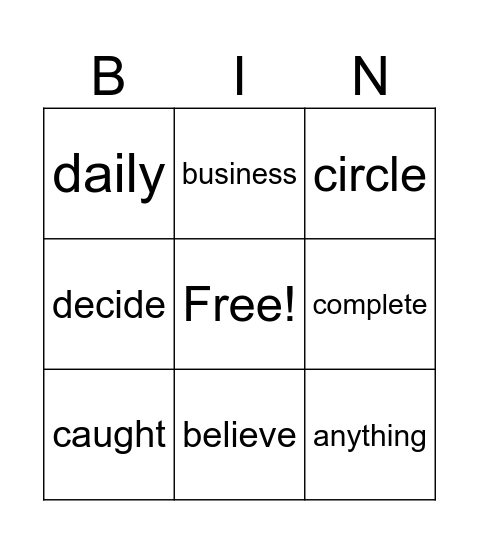 E2 words Bingo Card