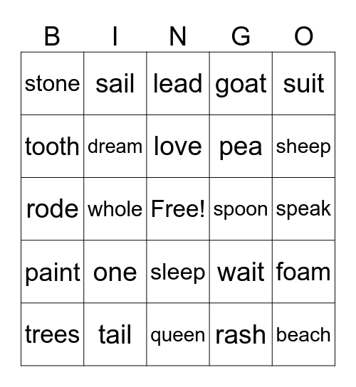 Common Long Vowel Patterns Bingo Card