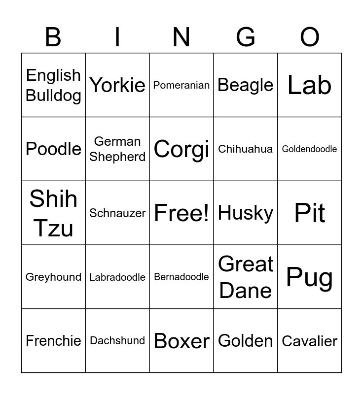 Breed Bingo Card