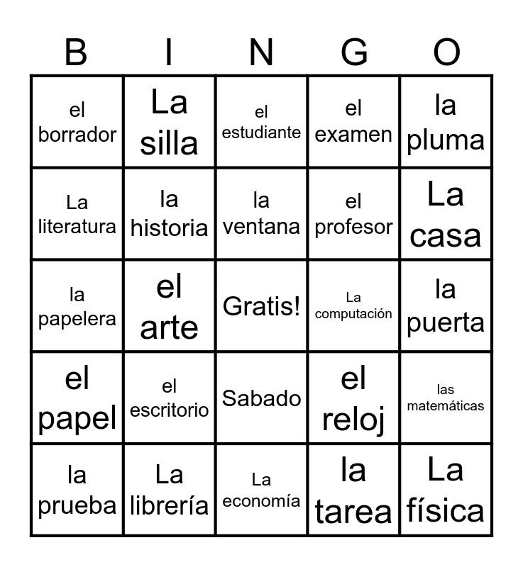 En la Clase Vocab Bingo Card