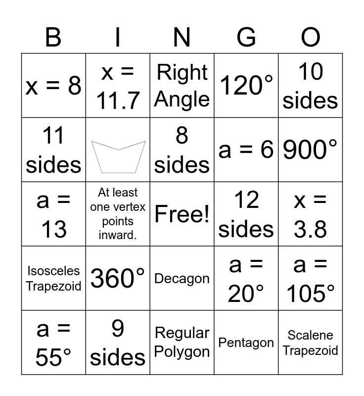 Properties of Polygons Bingo Card