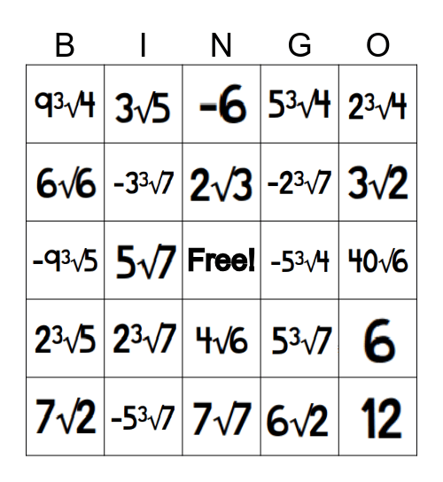 Simplifying Radicals BINGO! Bingo Card