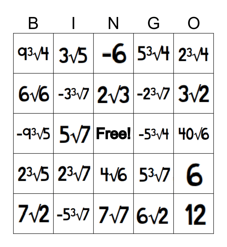 Simplifying Radicals BINGO! Bingo Card