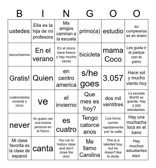 LOTERIA - ESPANOL 1 CON PROFE PARI Bingo Card