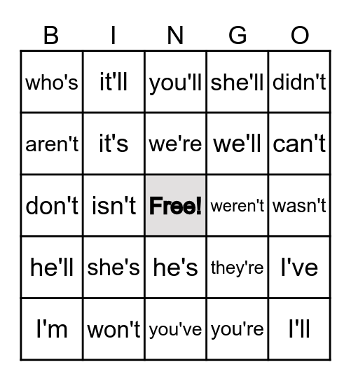 Contractions Bingo Card