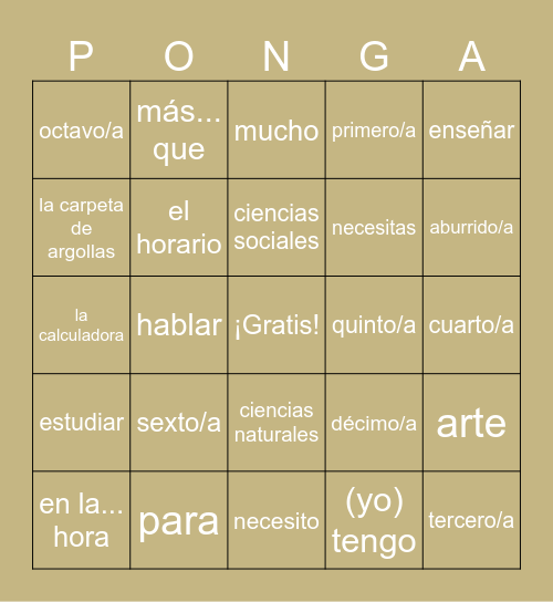 Tu día en la escuela: vocabulario Bingo Card