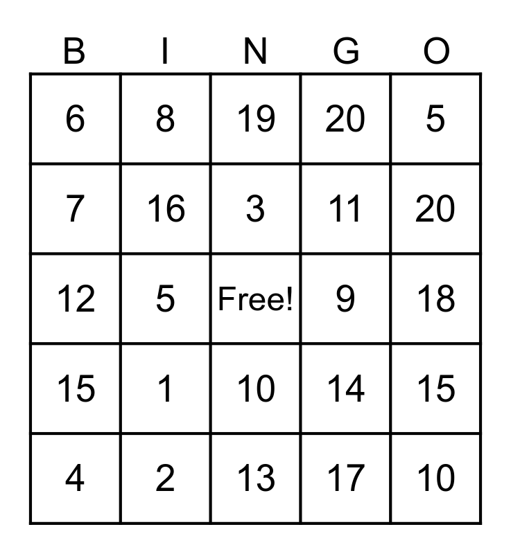 Nombres 0-20 Bingo Card