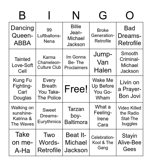Best of the 80's Bingo Card
