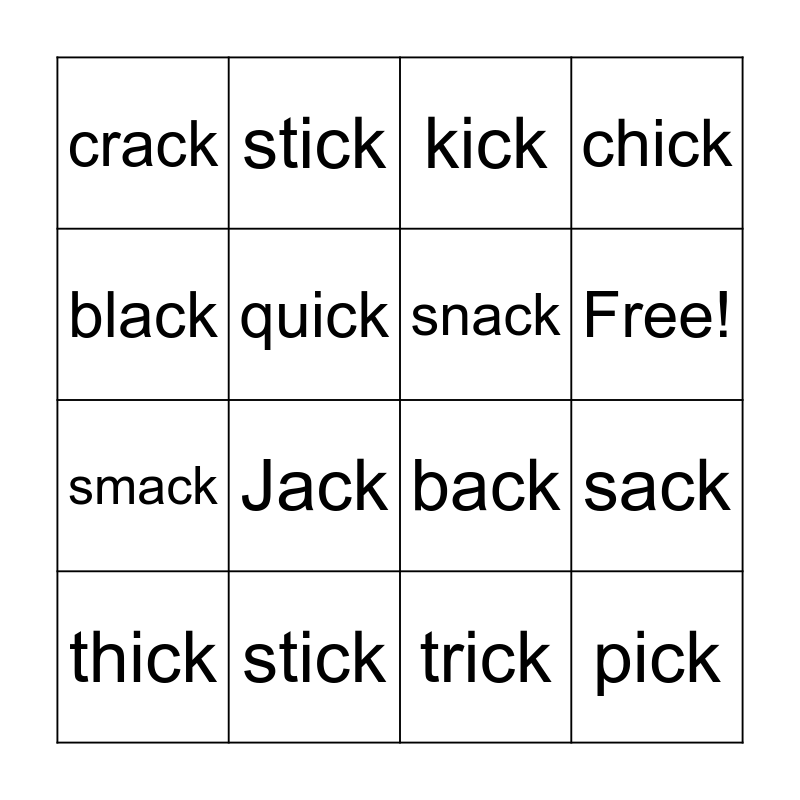 Ick and Ack Bingo Card