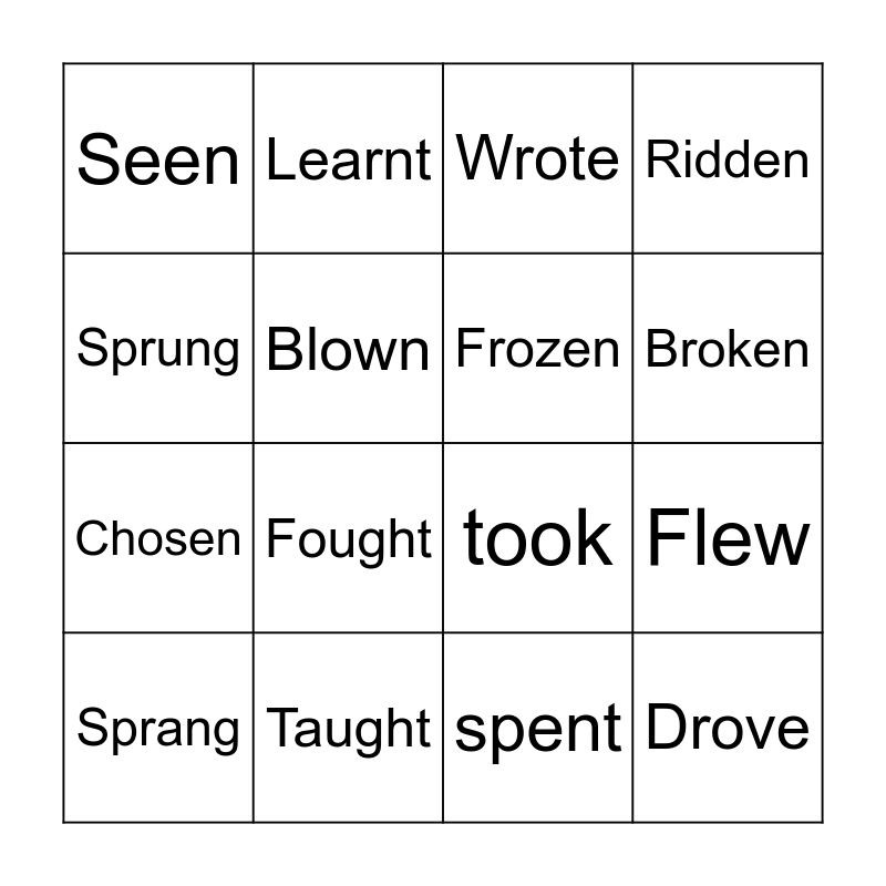 Past Tense Past Participle Verbs Bingo Card Past Tense Past Participle Verbs Bingo Card