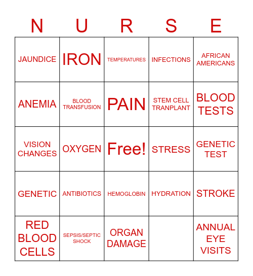 SICKLE CELL DISEASE Bingo Card