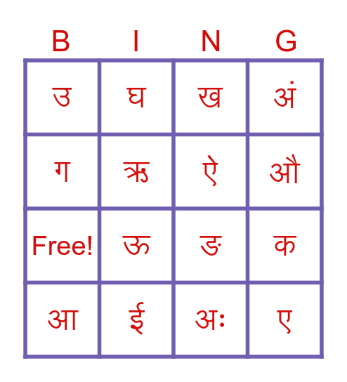 Swar -Vyanjan Bingo Card