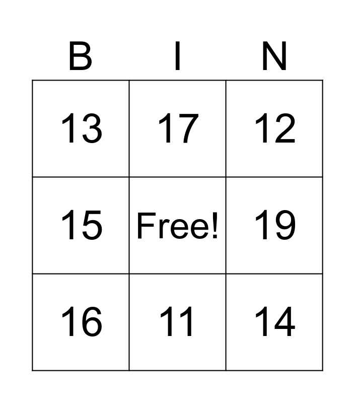 numbers Bingo Card