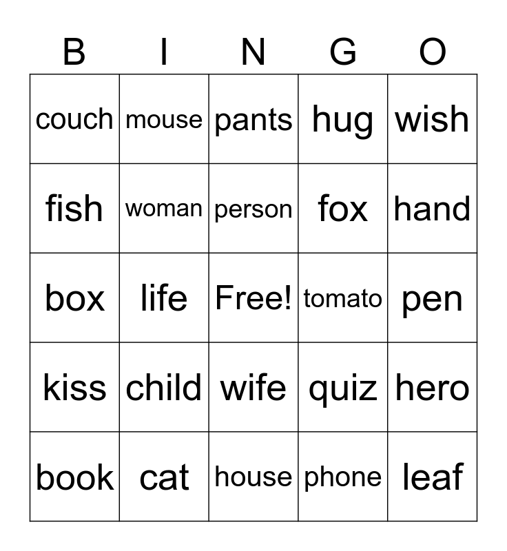 Irregular plurals Bingo Card