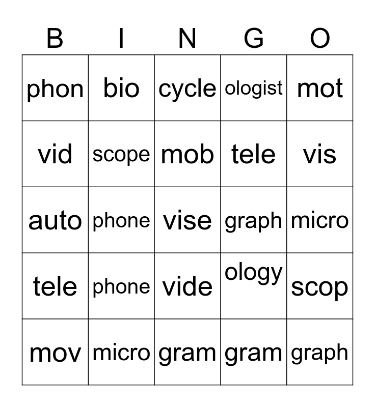Morpheme Bingo Card