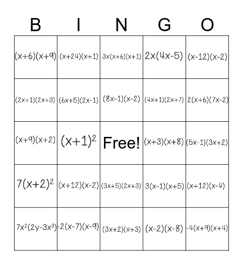 Factoring Bingo Card