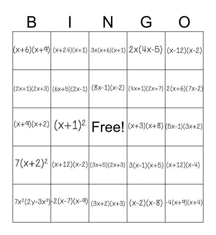 Factoring Bingo Card