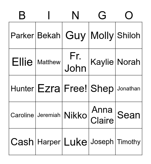 SHYG Bingo Card