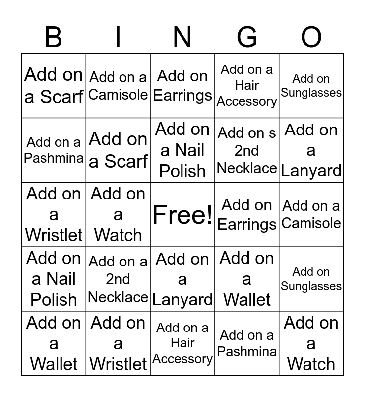 Add-ons Add up BINGO Card