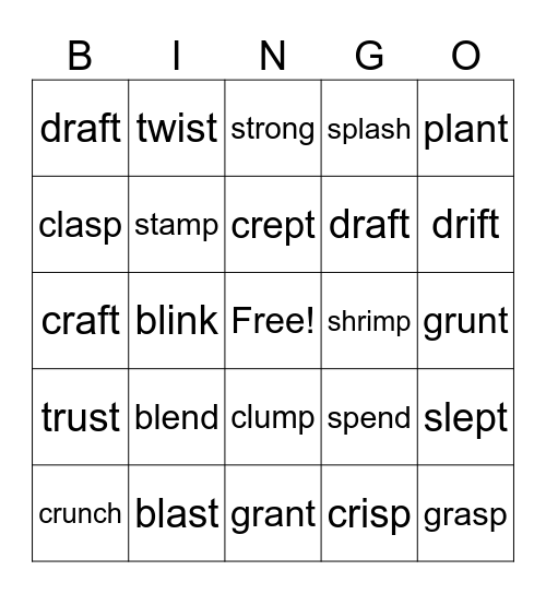 Beginning and Ending Blends Bingo Card