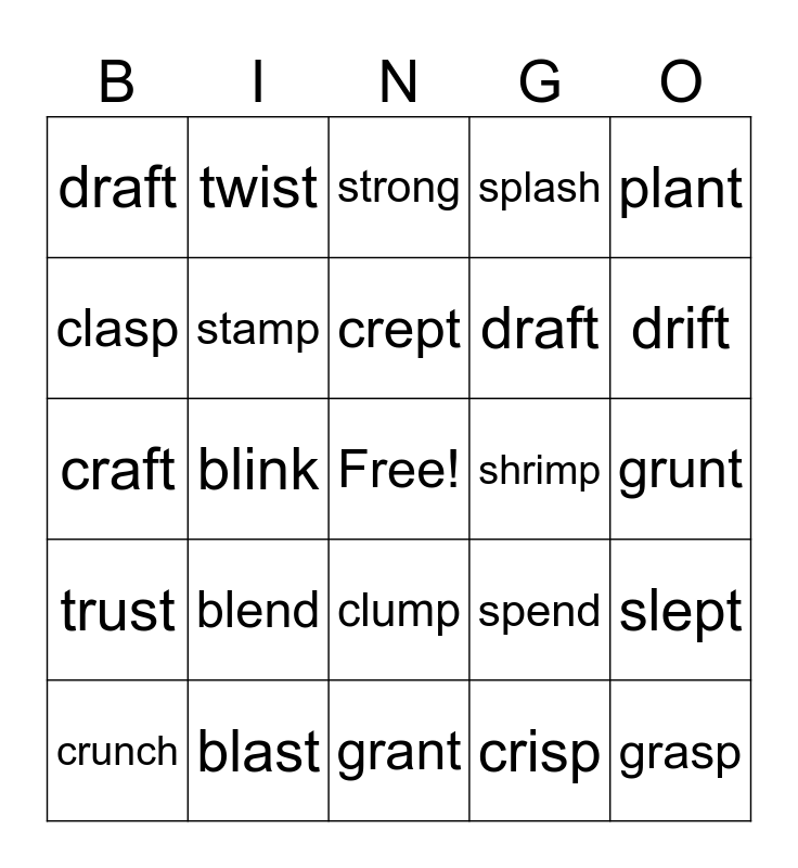 Beginning and Ending Blends Bingo Card